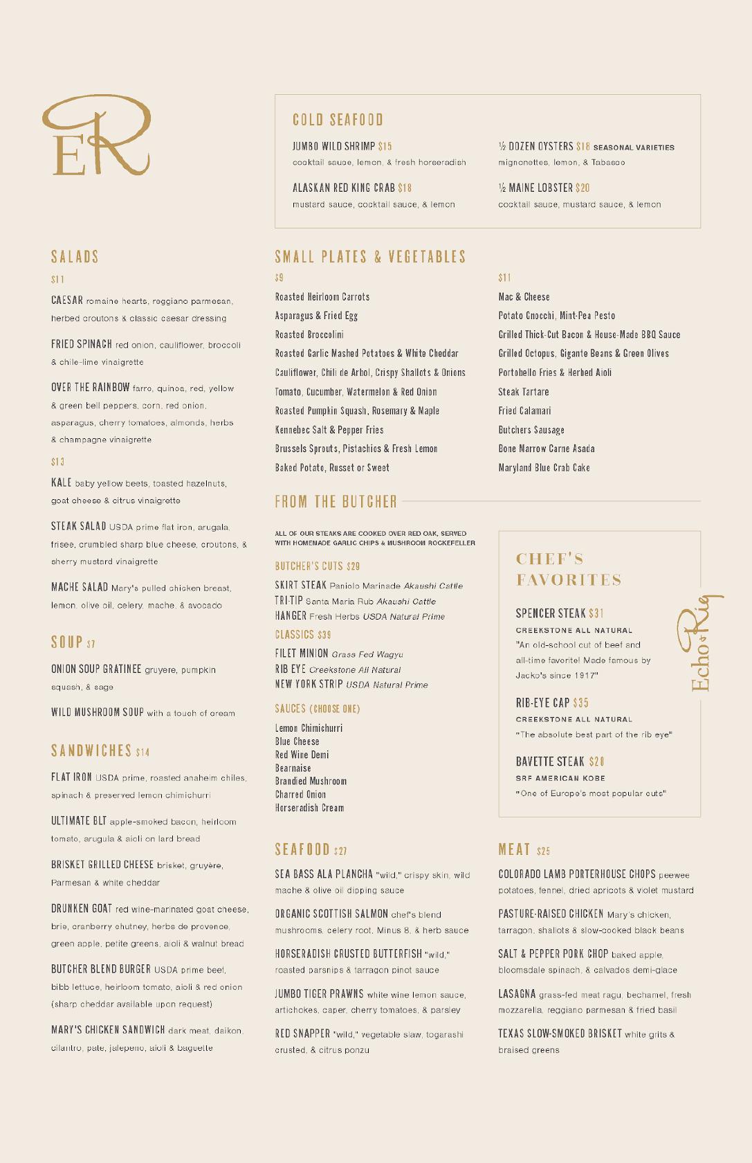 Menu at Echo & Rig, Butcher, Steakhouse and Cocktails, Sacramento