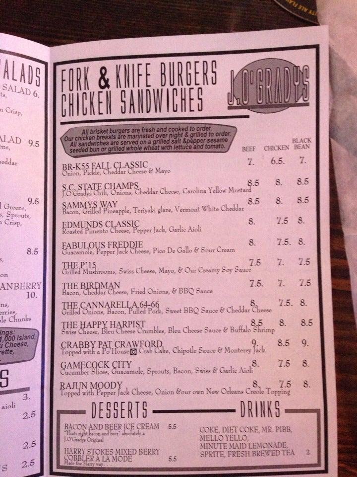 Menu at J O’Gradys pub & bar, Sumter