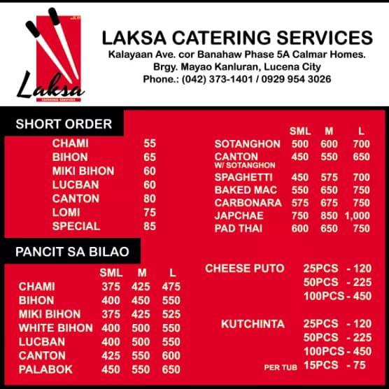 Menu at LAKSA Catering Services restaurant, Lucena