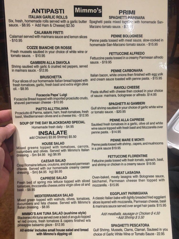 Menu at Mimmo’s Ristorante Pizzeria, Laurel