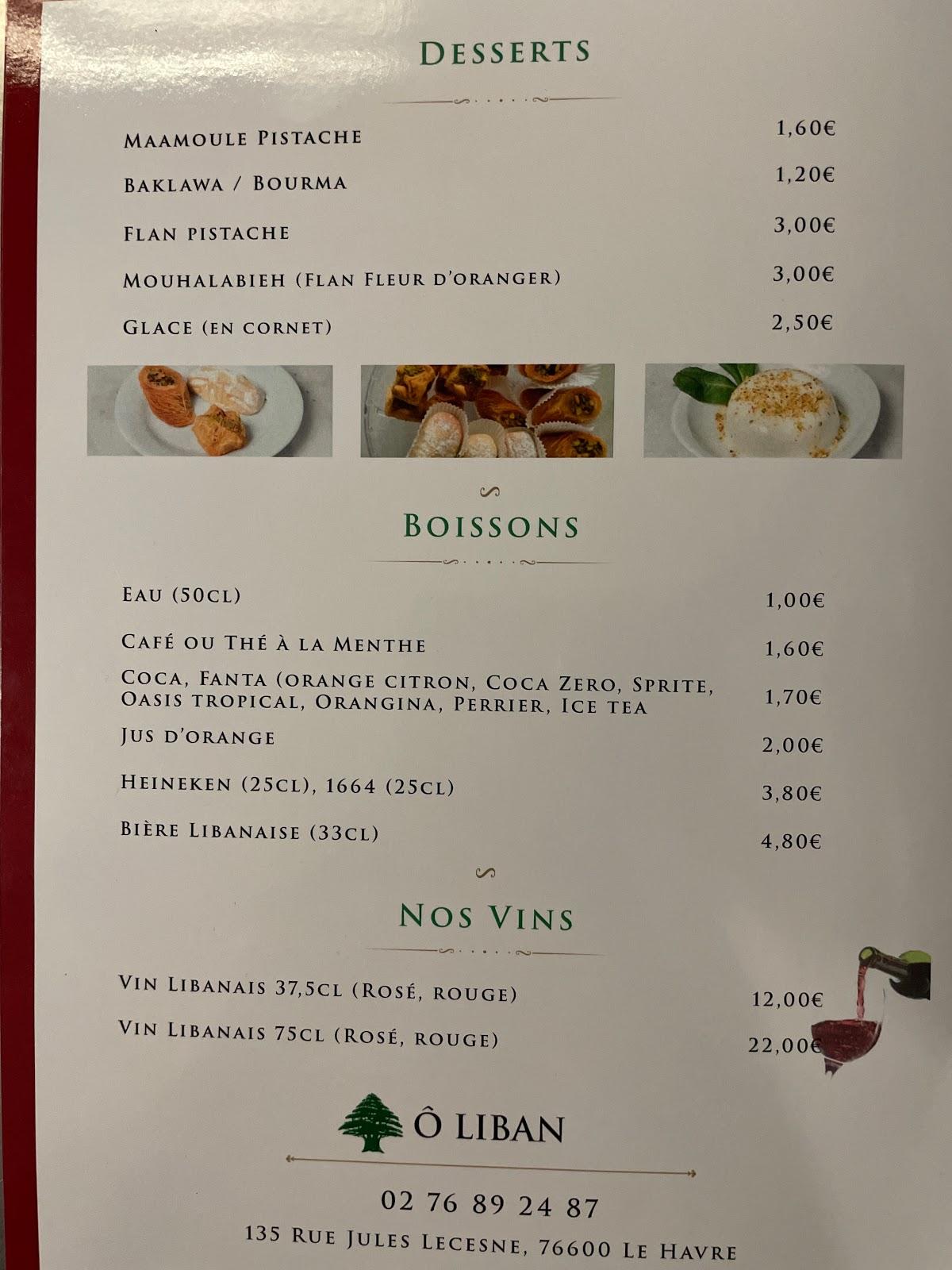 Menu au O'Liban restaurant, Le Havre