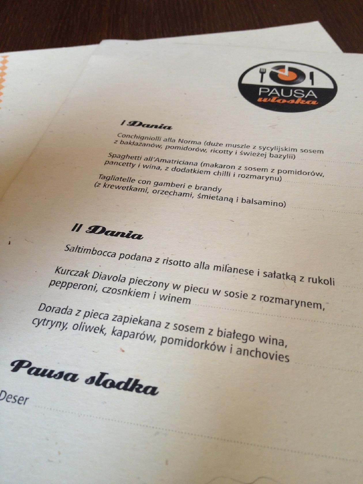 Menu at Pausa Włoska restaurant, Warsaw, Ząbkowska 5