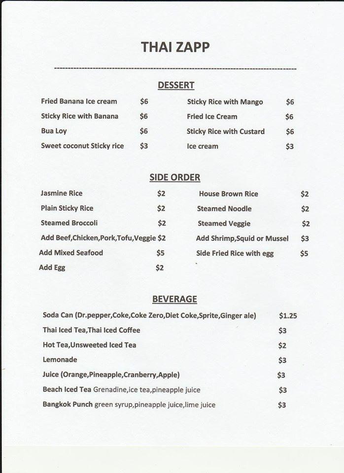 Menu at Thai Zapp Restaurant, Dunkirk
