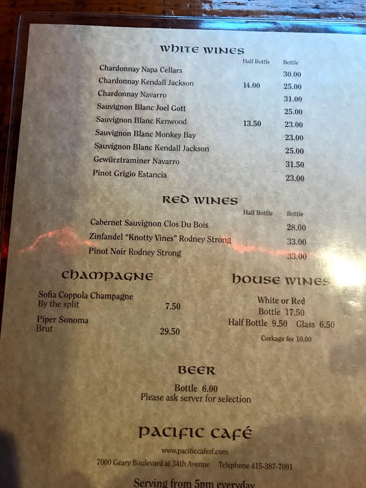 Menu at Pacific Cafe, San Francisco