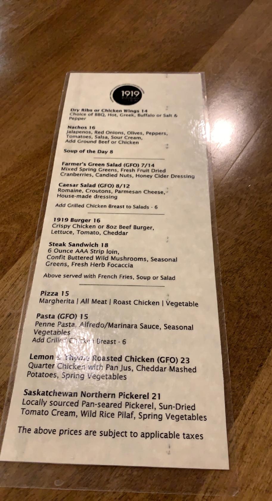 Menu at 1919 KITCHEN + BAR, Regina