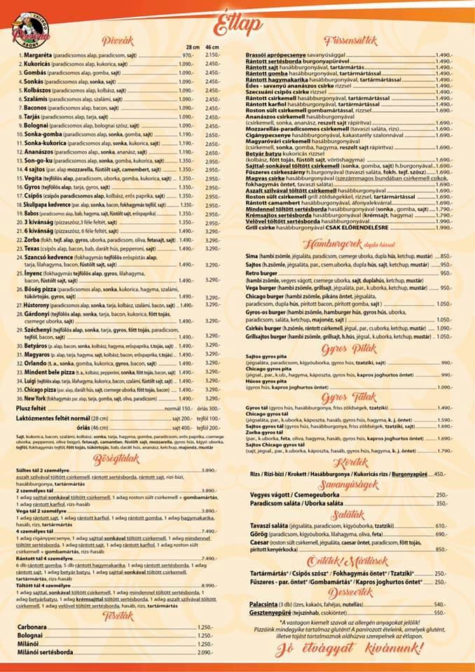 Carta del restaurante Chicago Pizzéria, Abony