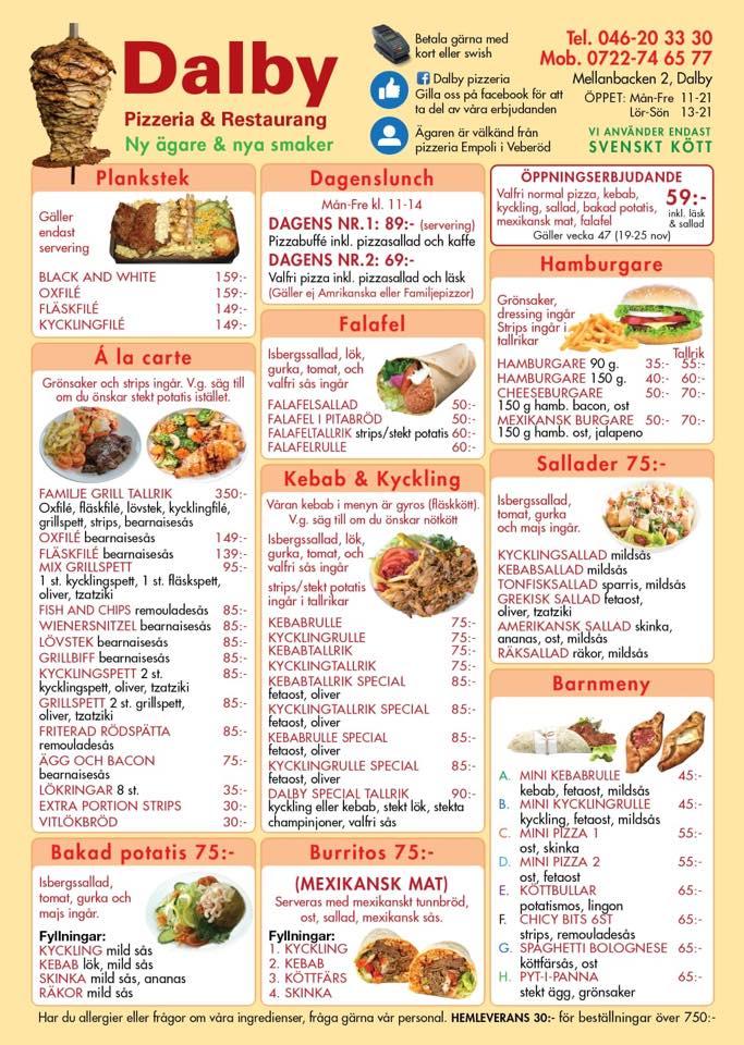 Menu at Dalby pizzeria, Dalby