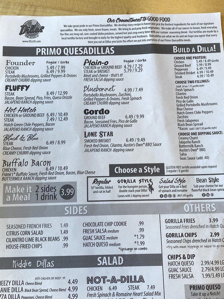 Menu at Dillas Quesadillas restaurant, Denton