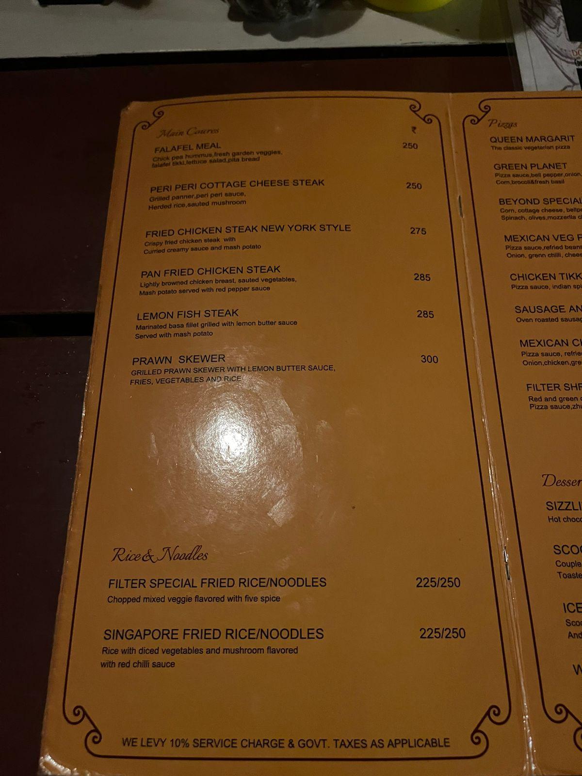Menu at FILTER CAFE, Kenchanakuppe