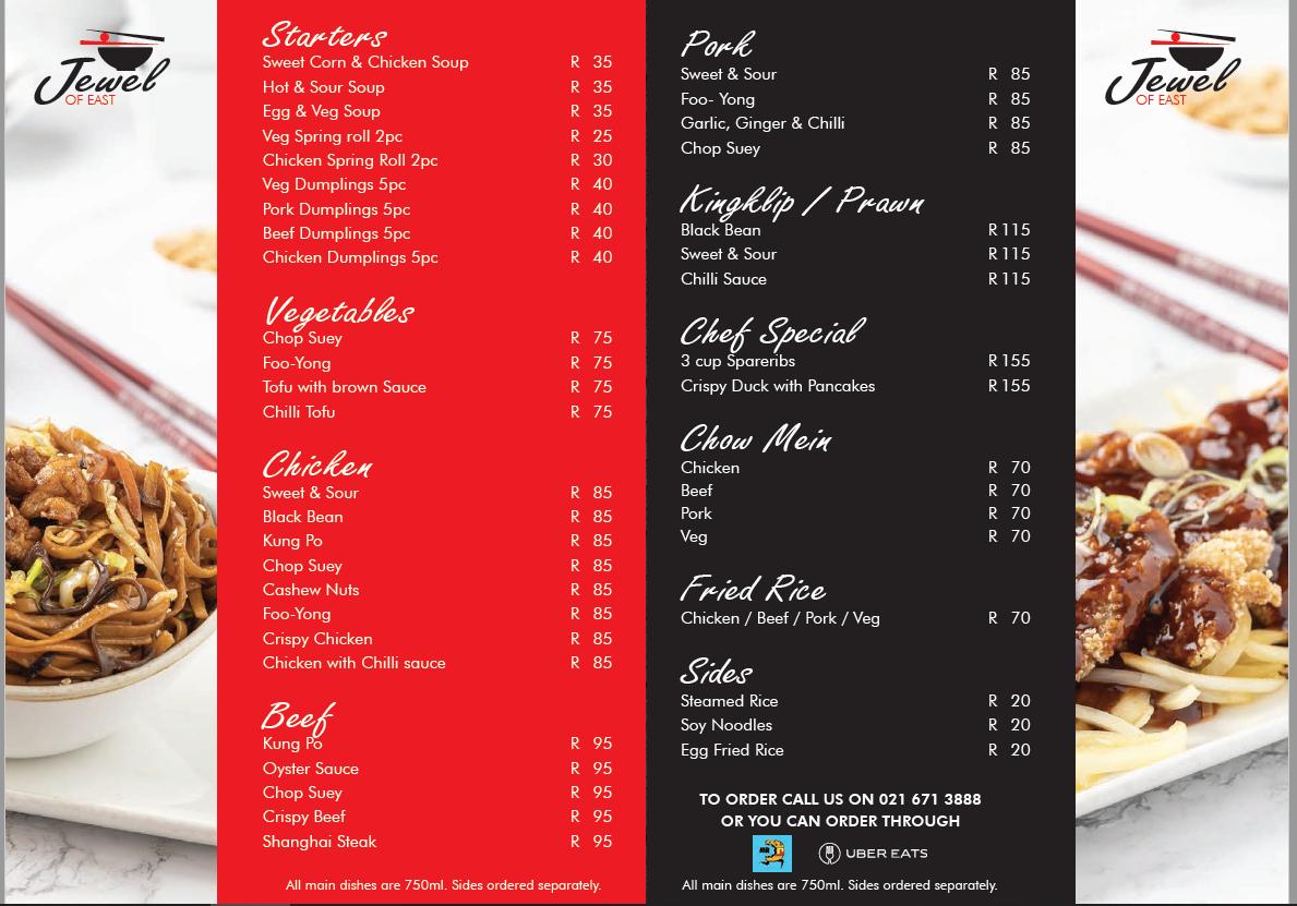 Menu at Jewel Of East restaurant, Cape Town