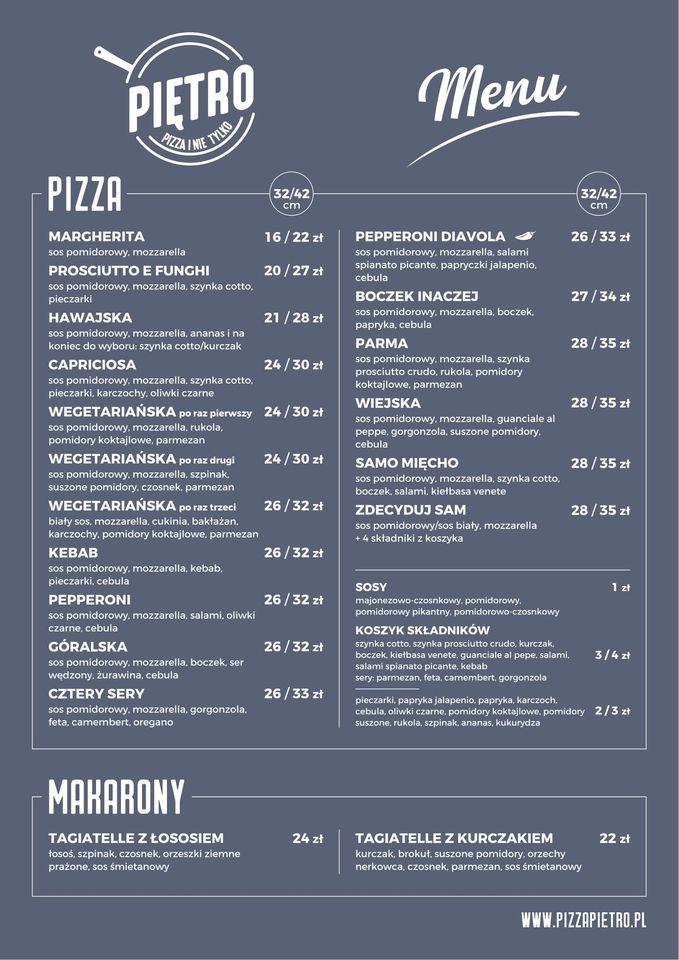Menu at Pizzeria PIĘTRO, Miedziana Góra