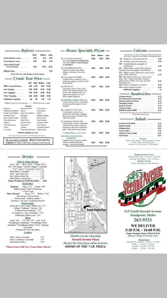 Menu at Second Avenue Pizza pizzeria, Sandpoint
