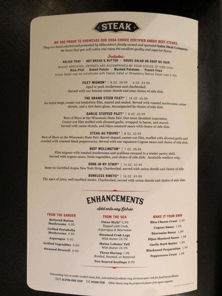 Menu at The Packing House steakhouse, Milwaukee