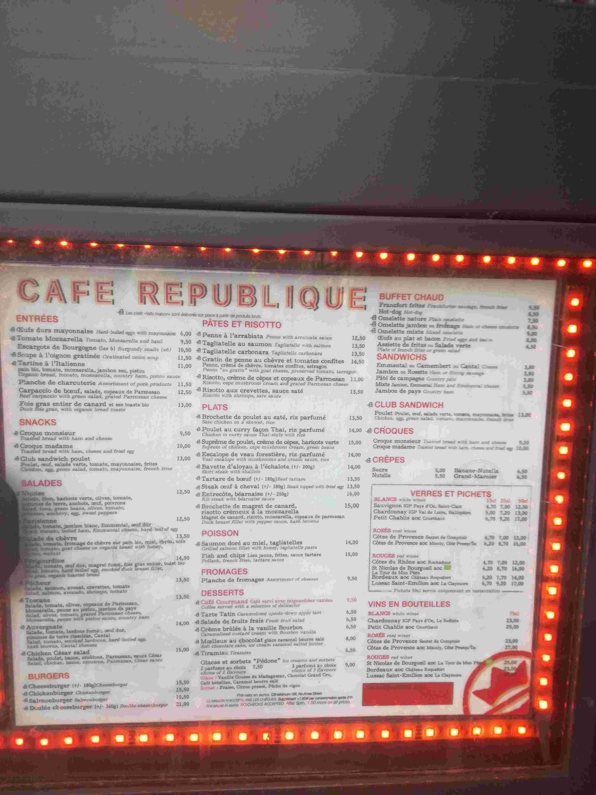 Menu at Café République, Paris, 9 Pl. de la République
