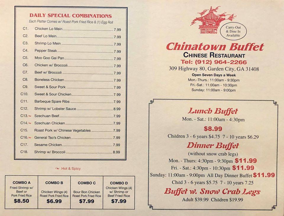 Menu at Chinatown Buffet restaurant, Savannah, 309 US-80