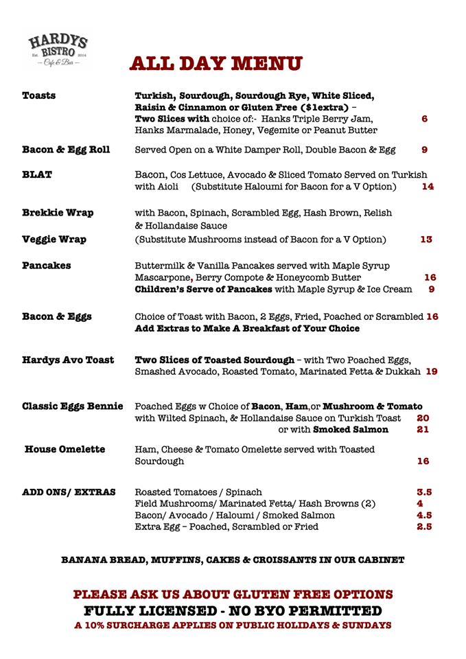 Menu at Hardy's Bistro pub & bar, Killcare