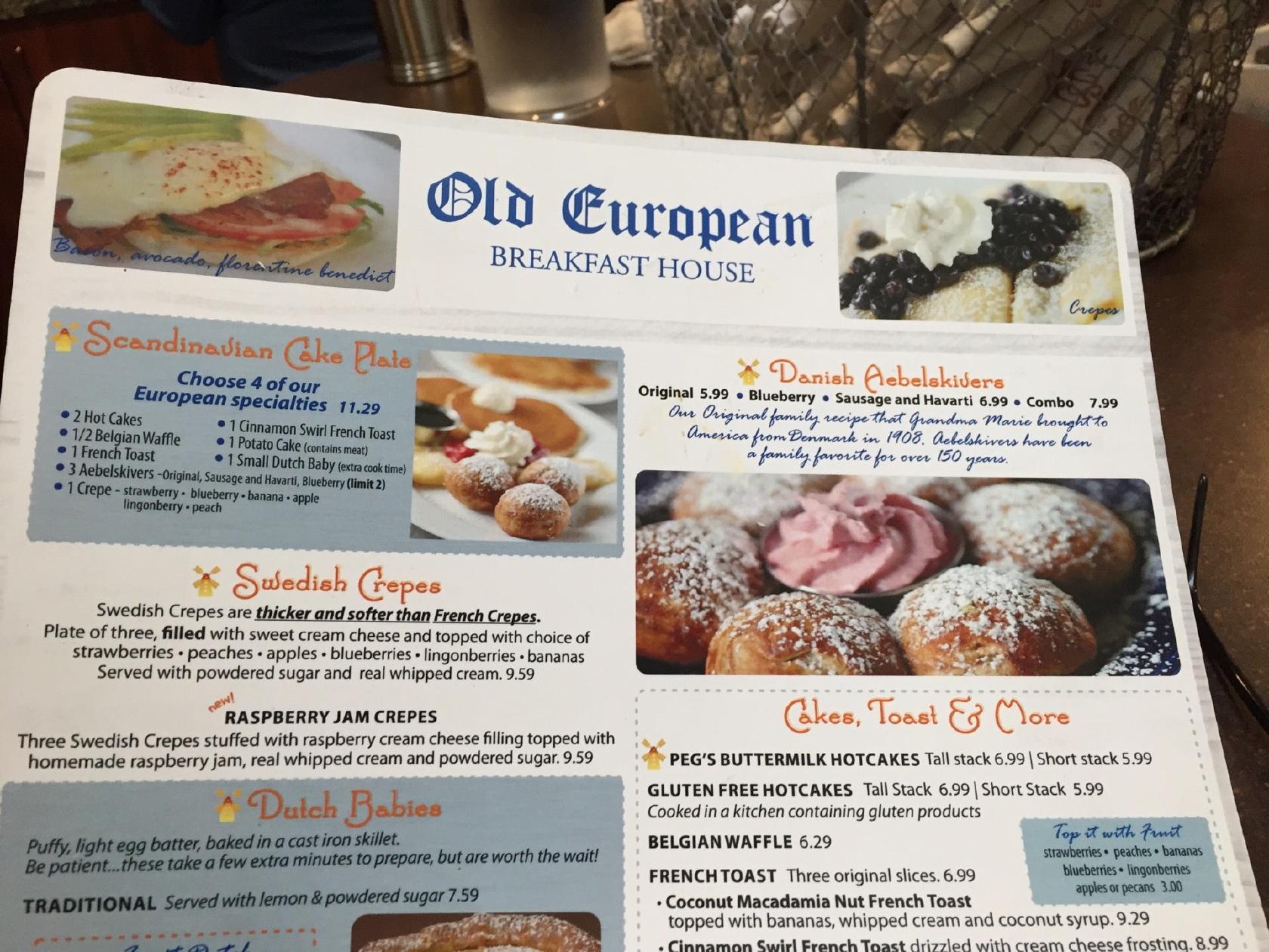 Menu at Old European restaurant, Spokane