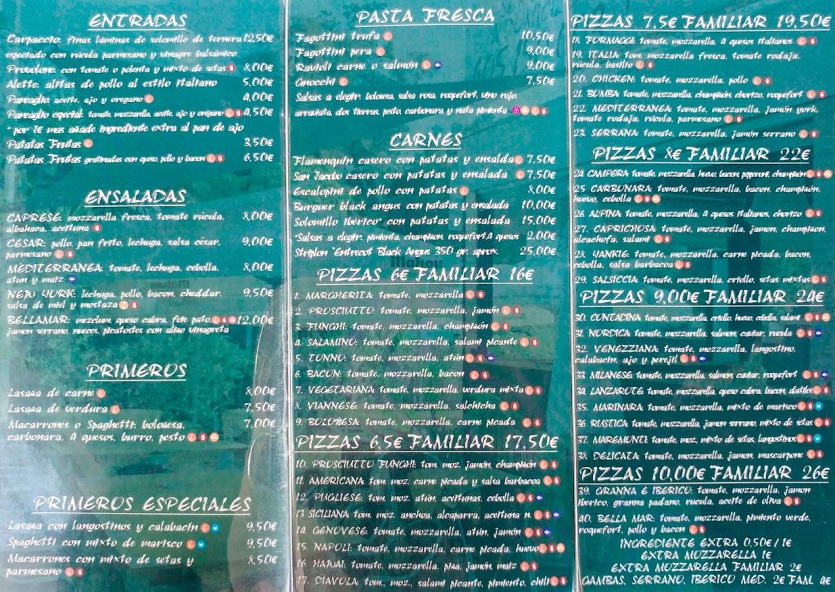 Carta de Pizzería Bella-Mar, Torre de Benagalbón