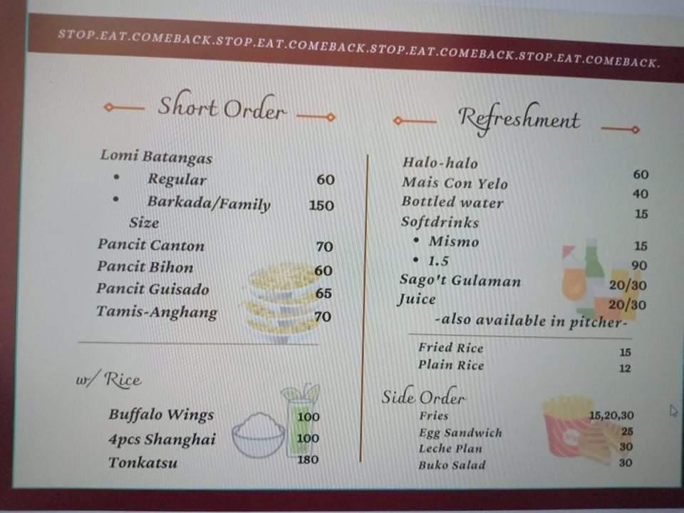 Menu at Roadside Restaurant, Nasugbu
