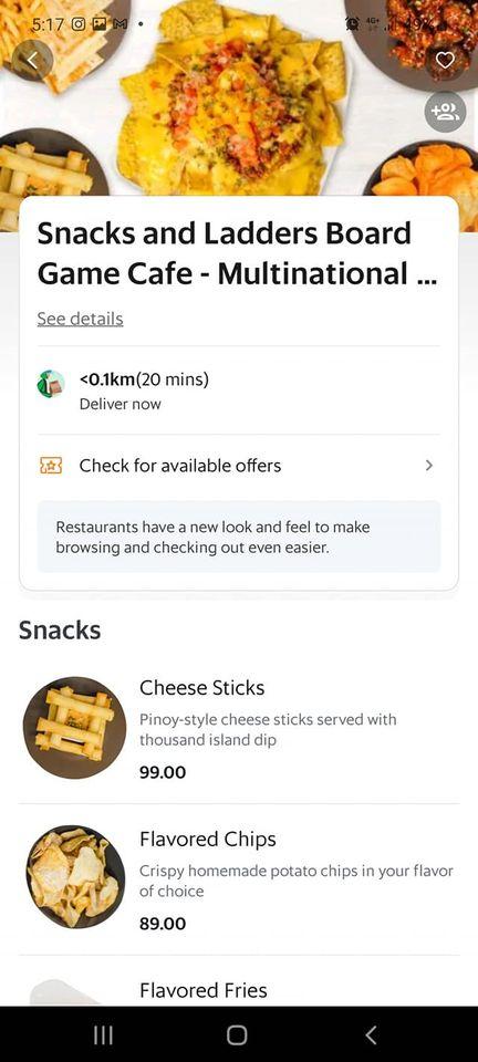 Carta del restaurante Snacks & Ladders, Ciudad Quezon