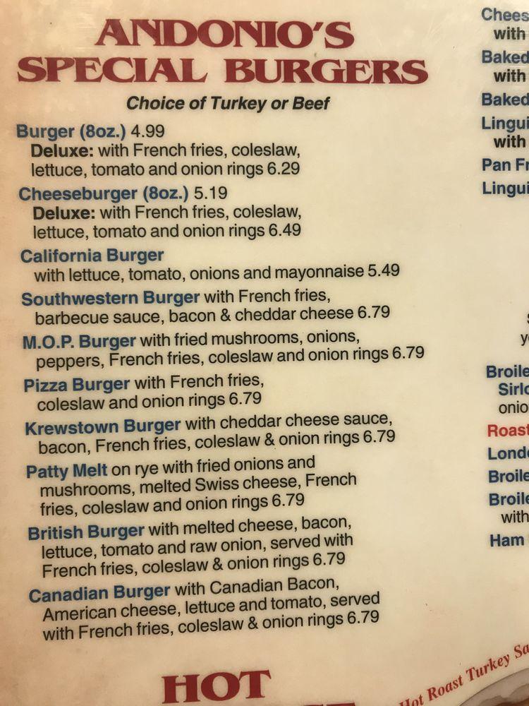 Menu at Andonios Diner restaurant, Philadelphia