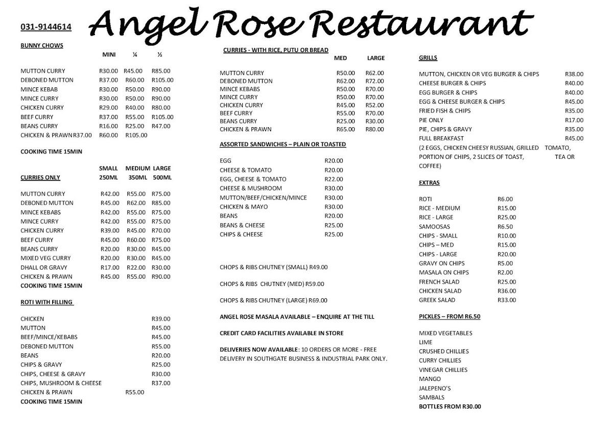 Menu at Angel Rose Restaurant & Takeaway, Lotus Park