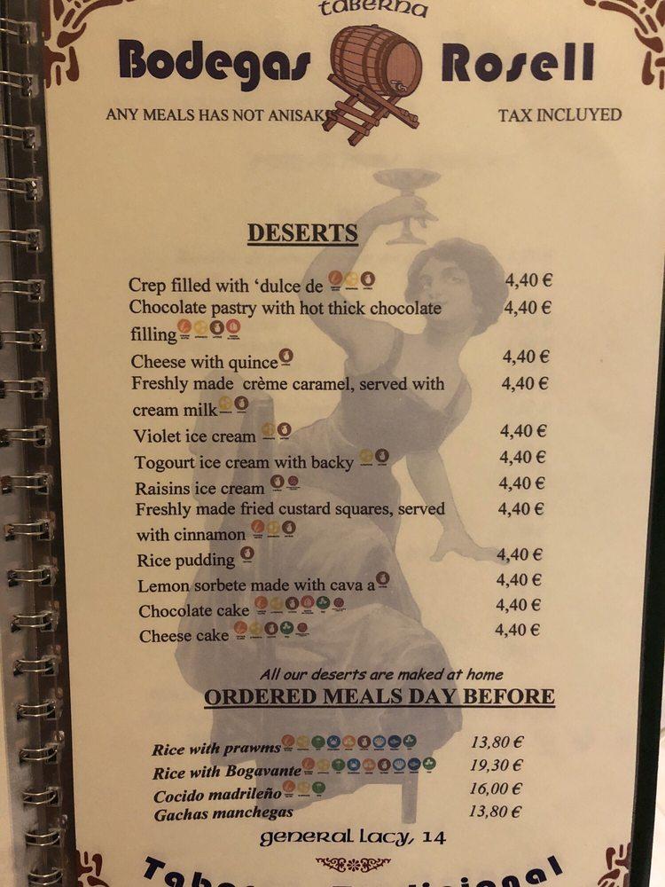 Menu at Bodegas Rosell restaurant, Madrid