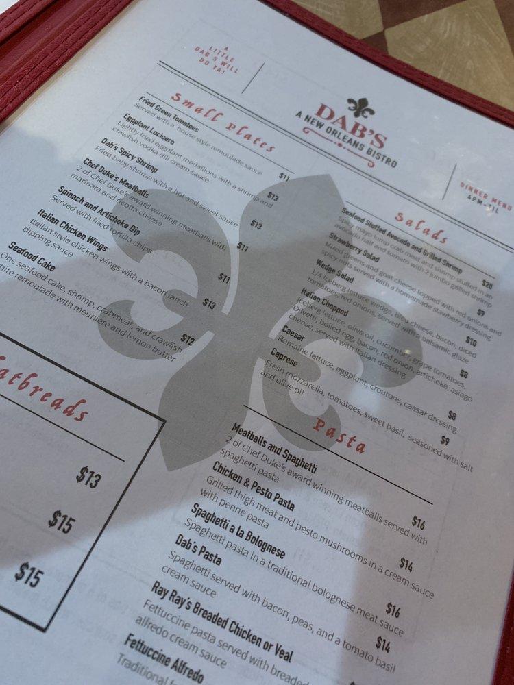 Menu at Dab's Bistro restaurant, Metairie