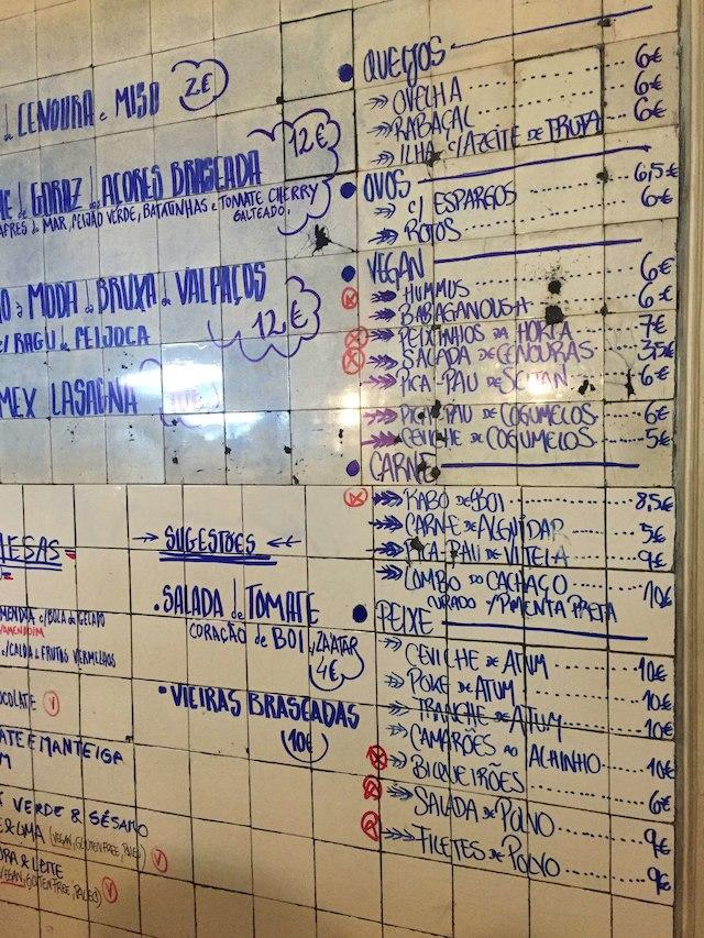 Menu at Damas restaurant, Lisbon, R. da Voz do Operário 60