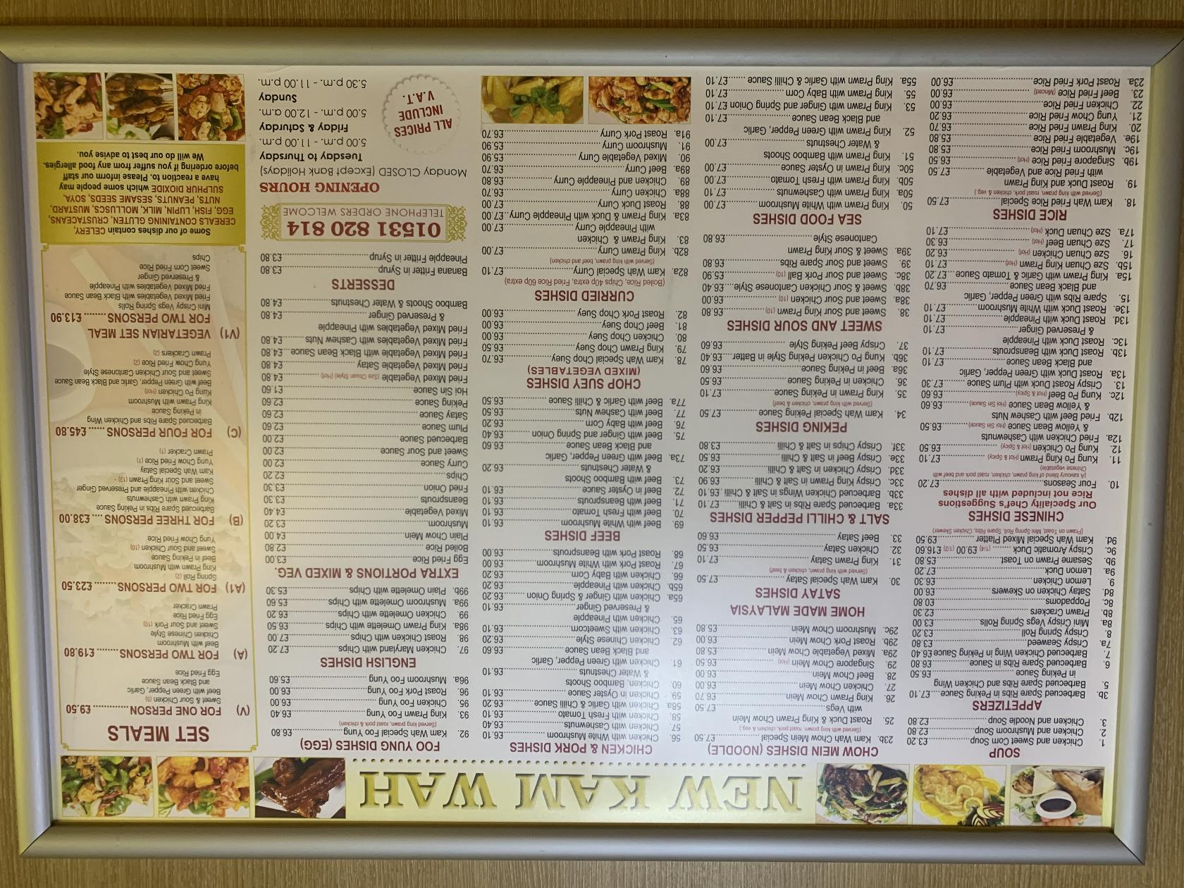 Menu at Kam Wah fast food, Newent