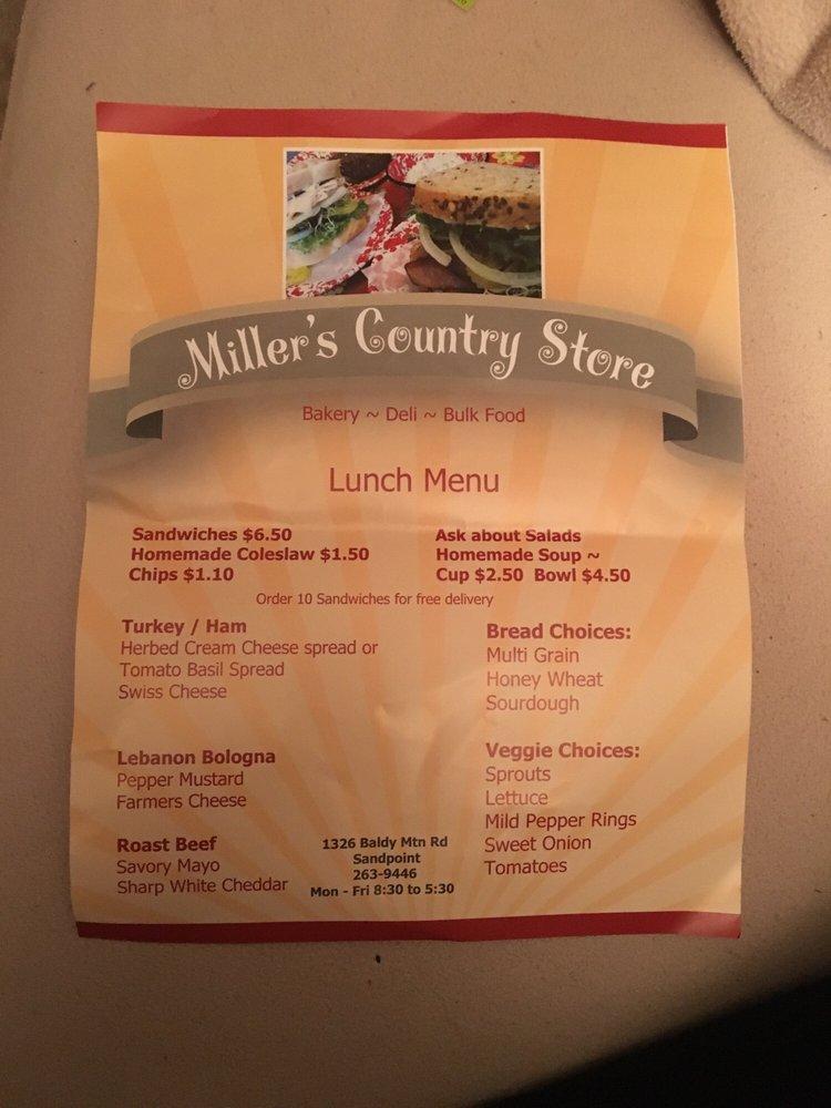 Menu at Miller’s Country Store restaurant, Sandpoint