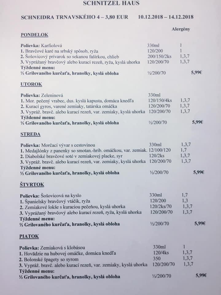 Menu at Schnitzel Haus restaurant, Bratislava