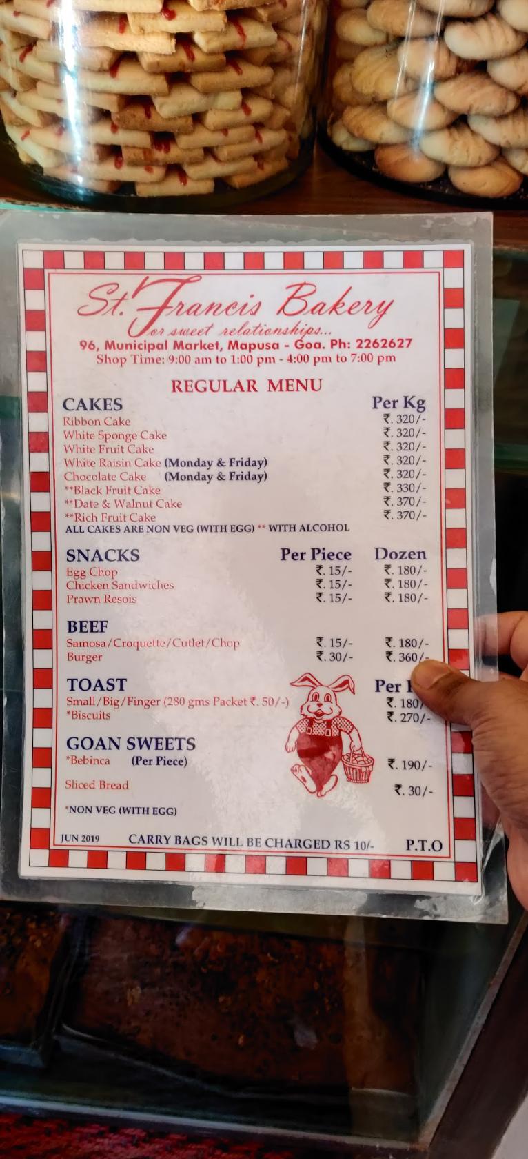 Menu at St Francis Bakery, Mapusa, Shop No. 95