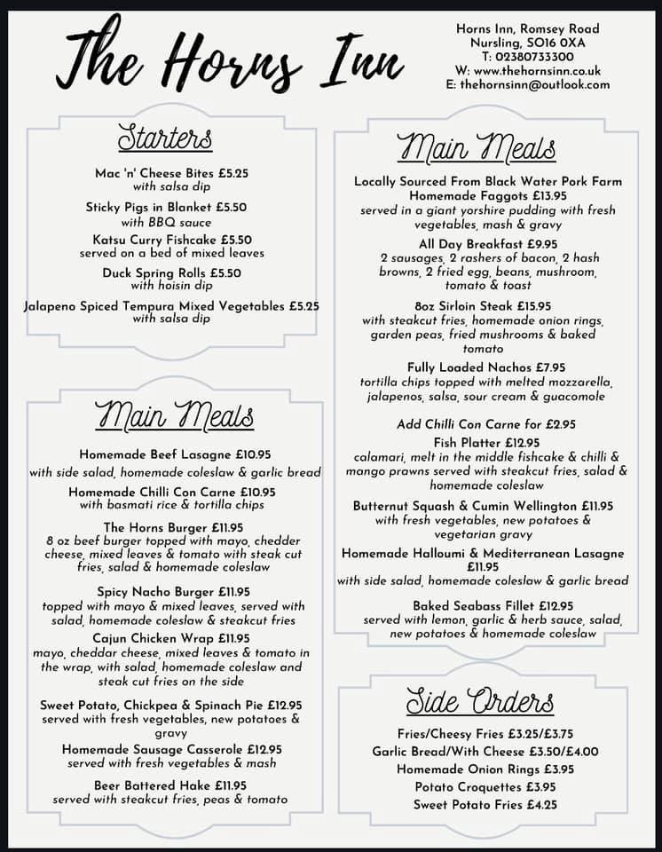 Menu at The Horns Inn pub & bar, Southampton