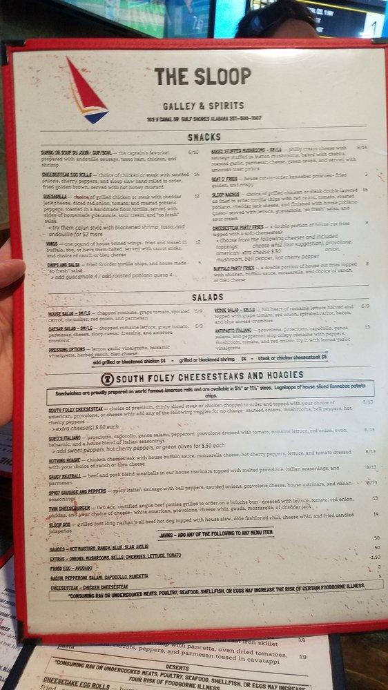 Menu at The Sloop pub & bar, Gulf Shores