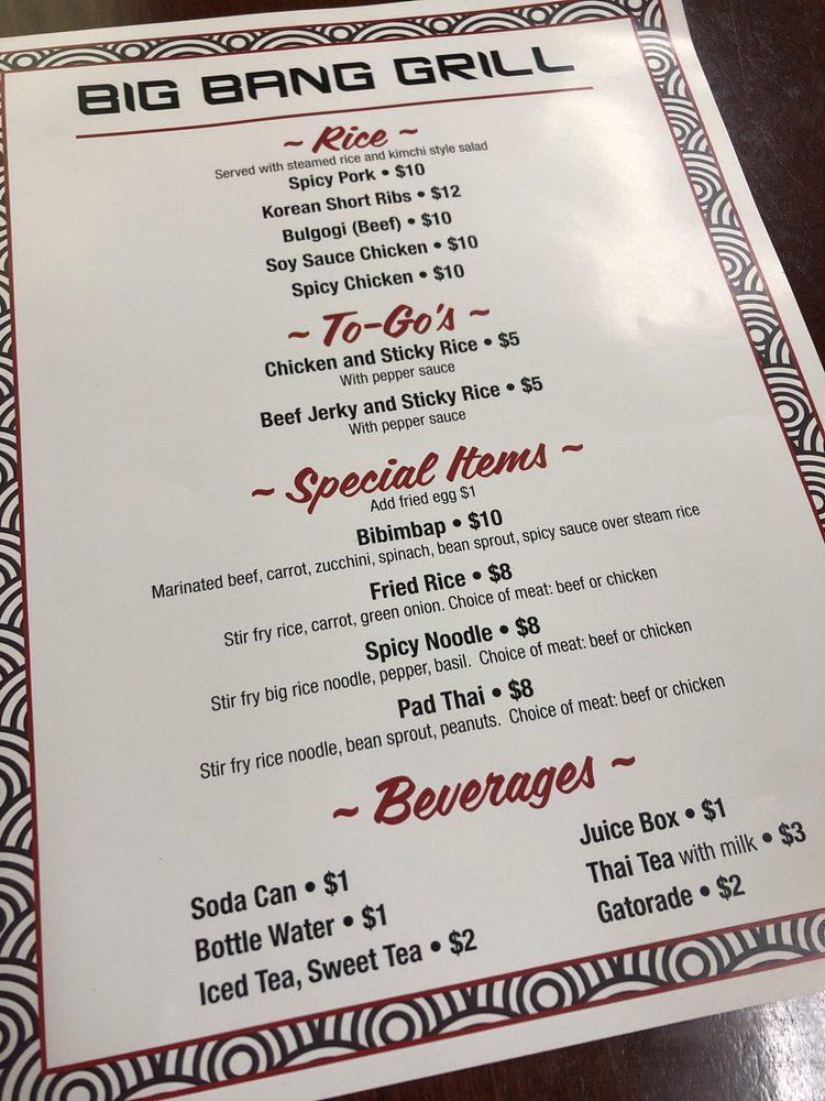 Menu at Big Bang Grill restaurant, Visalia, W Houston Ave