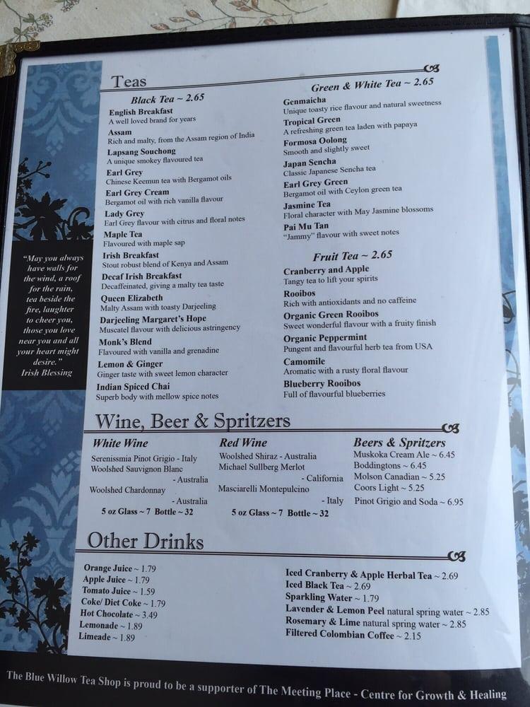 Menu at Blue Willow Tea Shop cafe, Gravenhurst