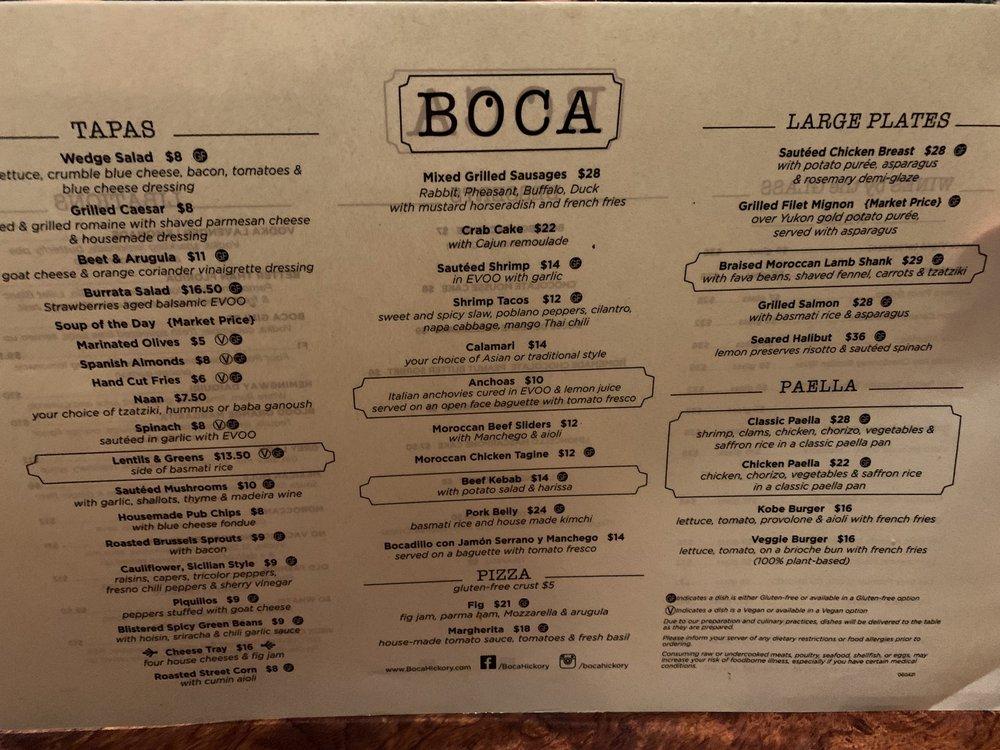 Menu at Boca pub & bar, Hickory