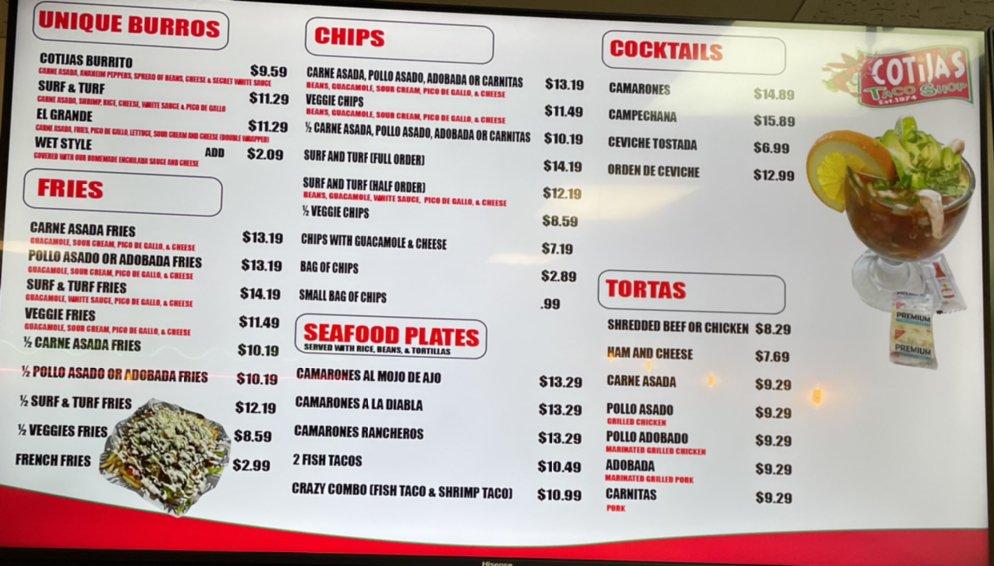 Menu at Cotijas Mexican Food restaurant, San Diego, Tierrasanta Blvd