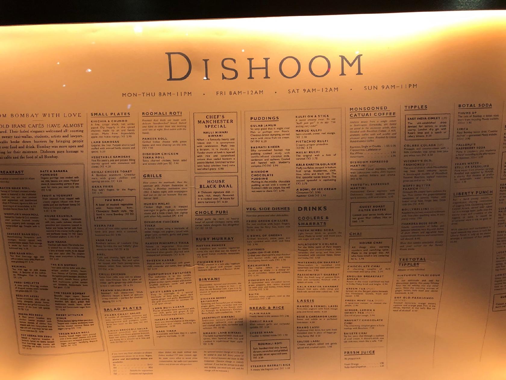 Menu at Dishoom Manchester restaurant, Manchester