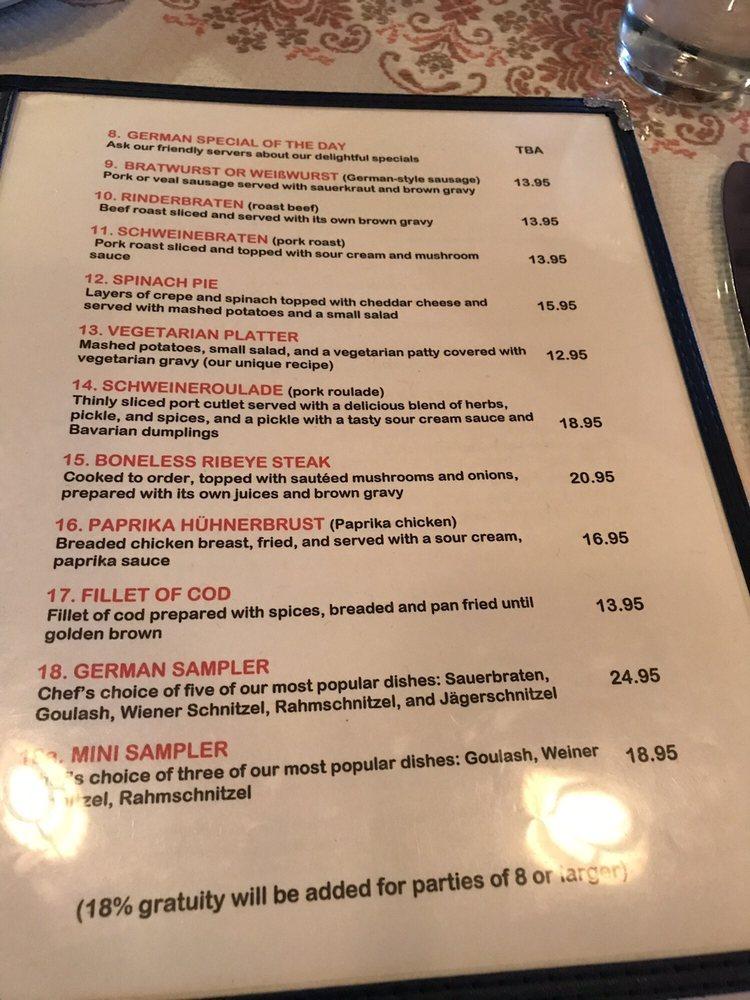 Menu at Edelweiss German Restaurant, Greenville