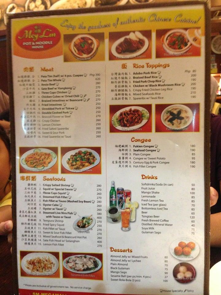 Menu at Mey Lin Pot & Noodle House restaurant, Pasay, 76 J.W. Diokno Blvd