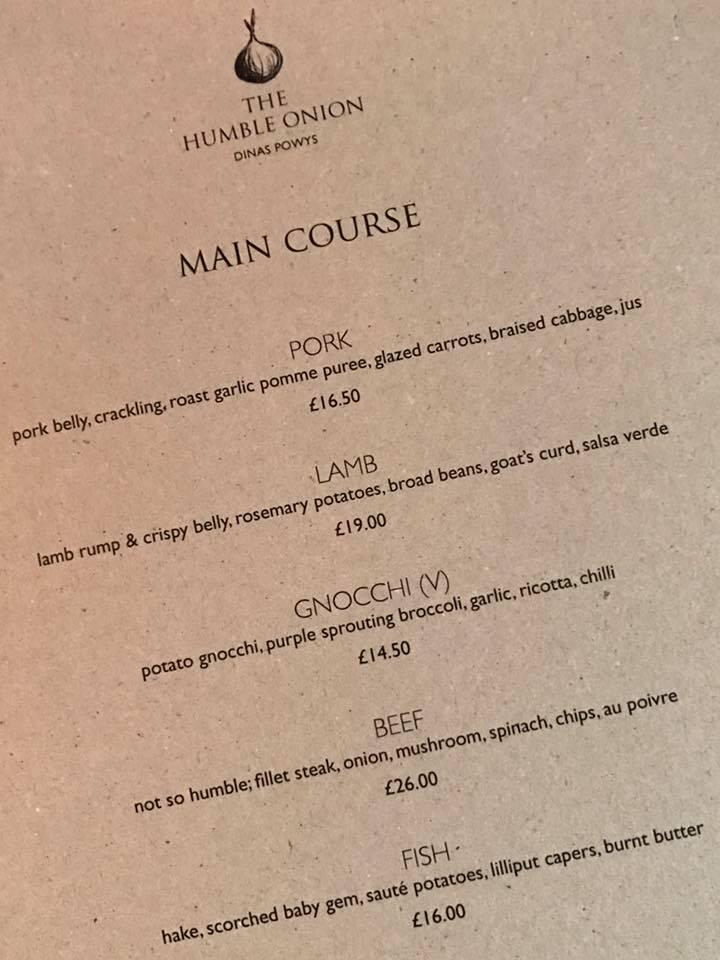 Menu at The Humble Onion restaurant, Dinas Powys