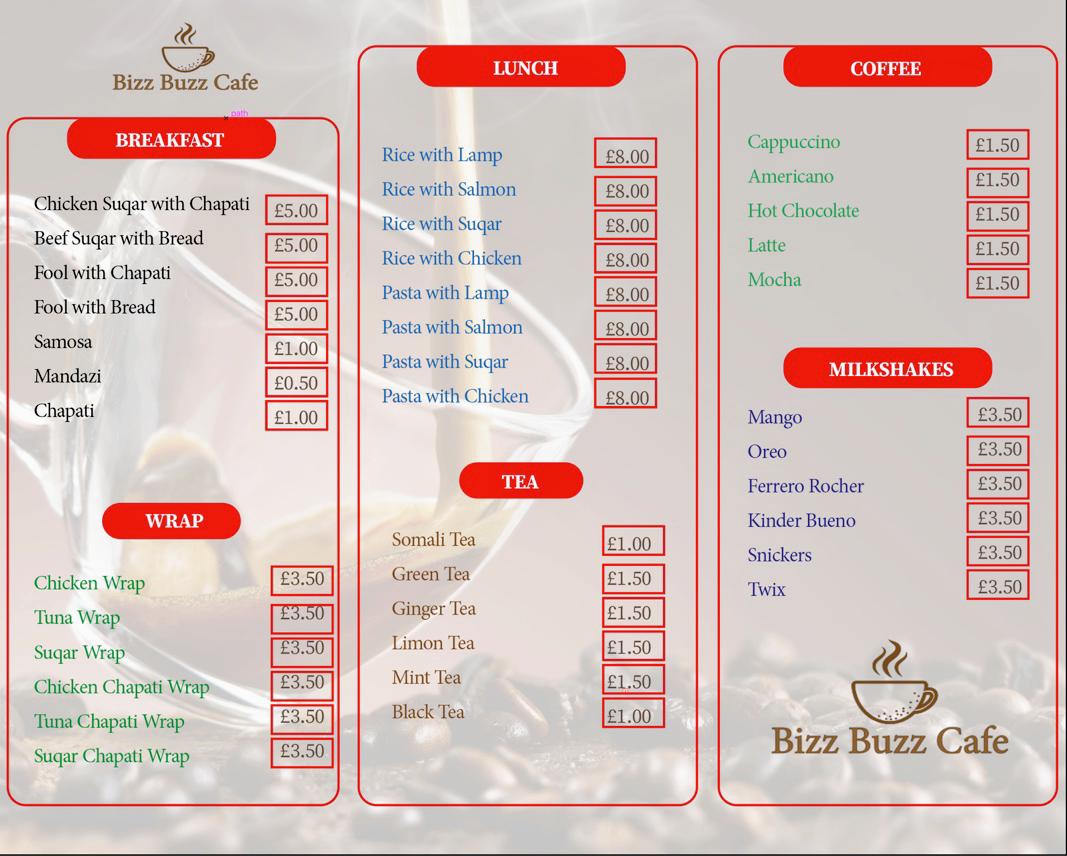 Menu at Bizz Buzz Cafe, Slough