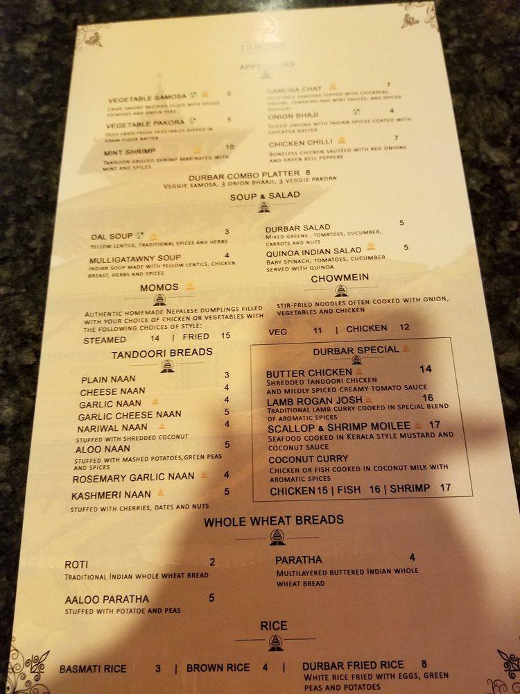 Menu at Durbar Nepalese and Indian Bistro, Loveland
