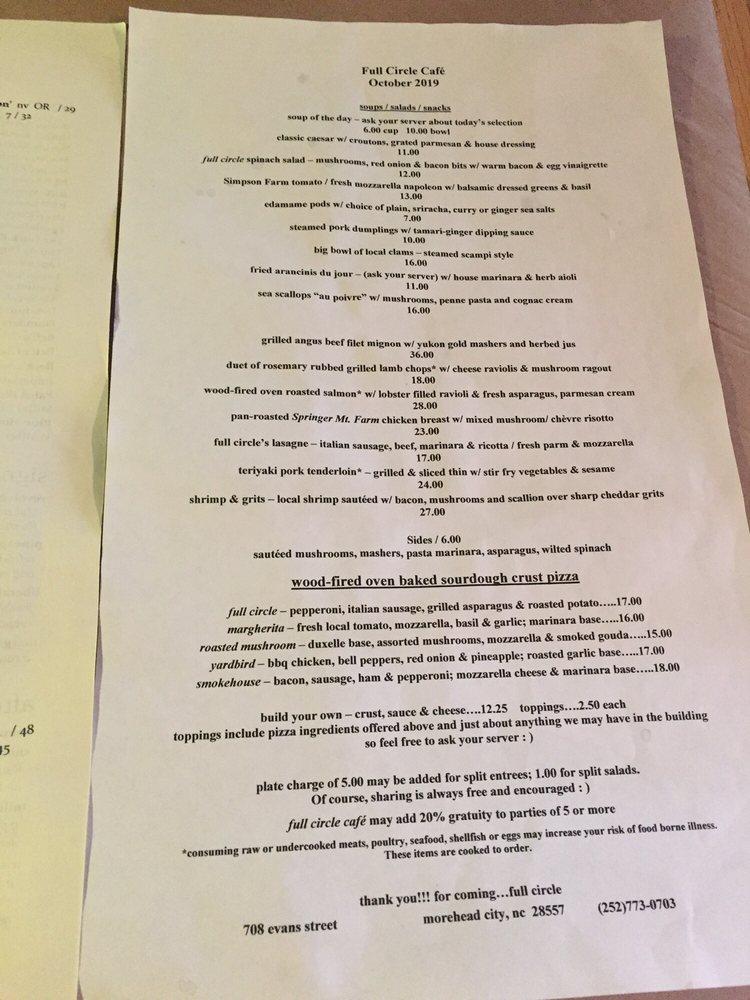 Menu at Full Circle Cafe, Morehead City