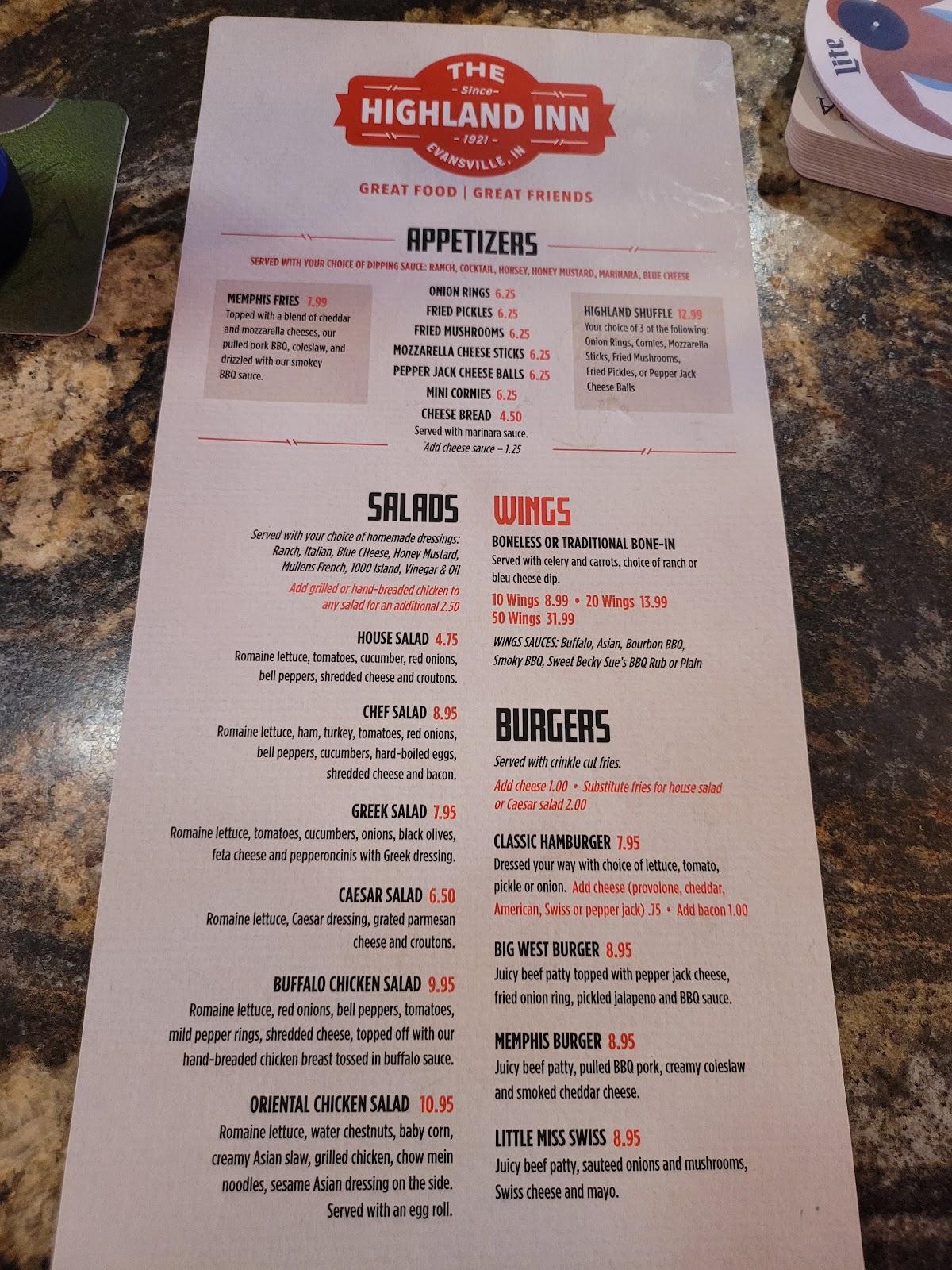 Menu at Highland Inn pub & bar, Evansville, N First Ave