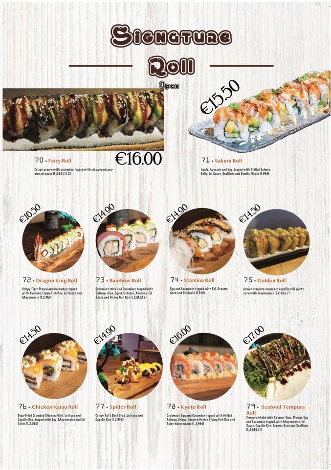 Menu at Kyoto Sushi & Noodle restaurant, Limerick