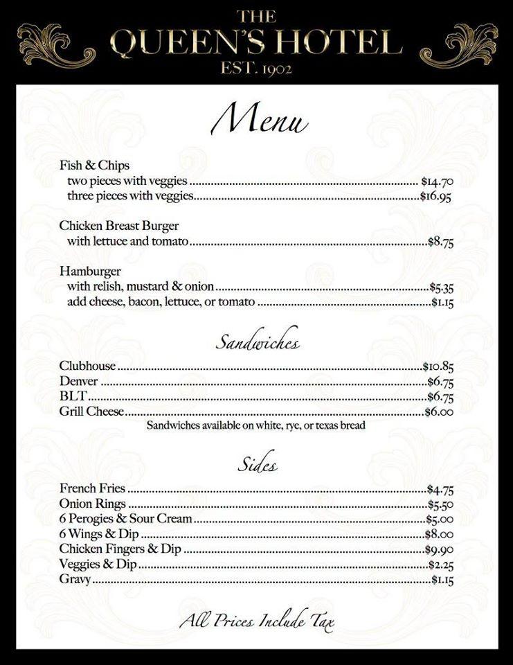 Menu at Queen's Hotel, Bar & Restaurant, Rapid City