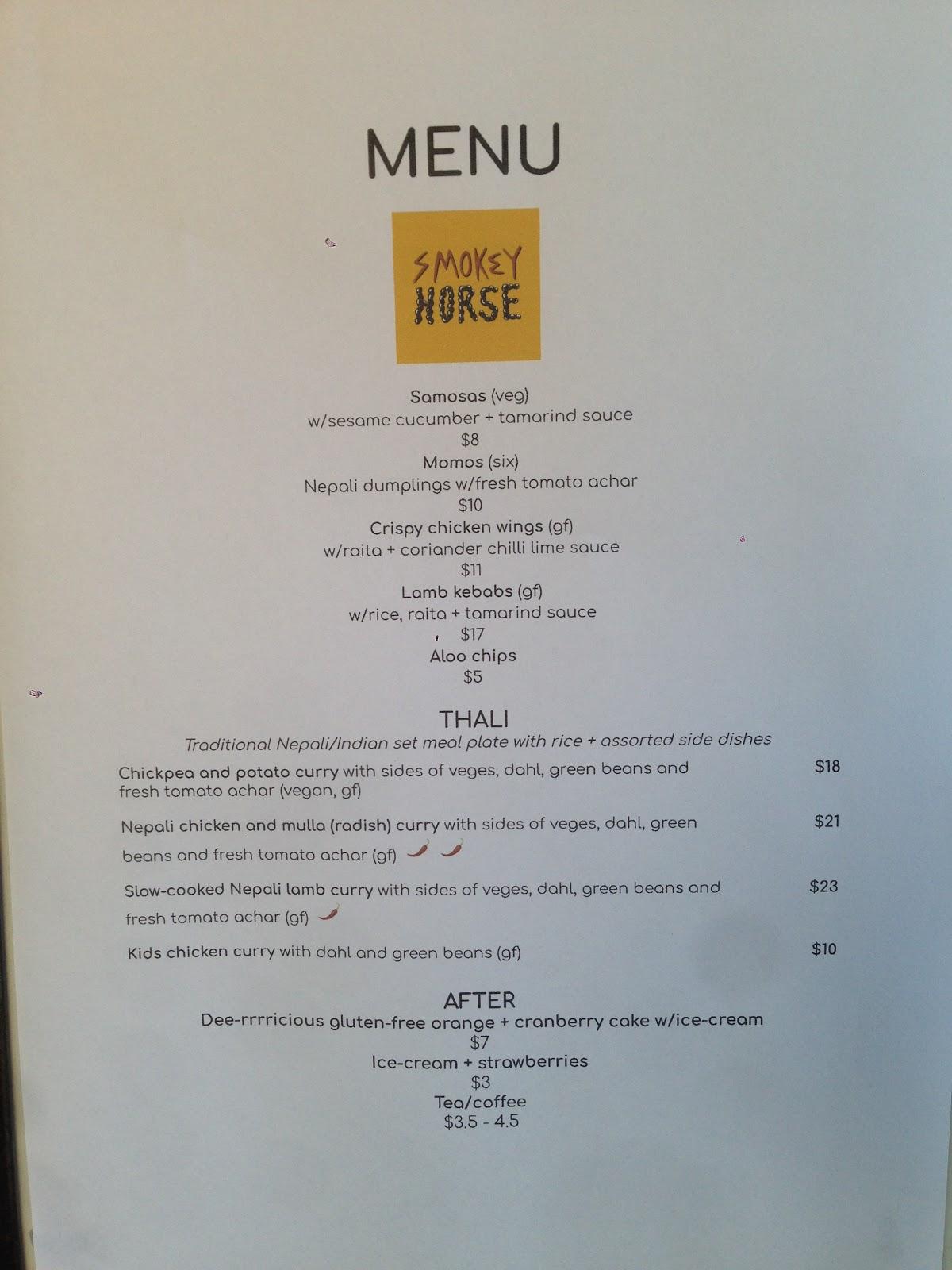 Menu at Smokey Horse restaurant, Braidwood